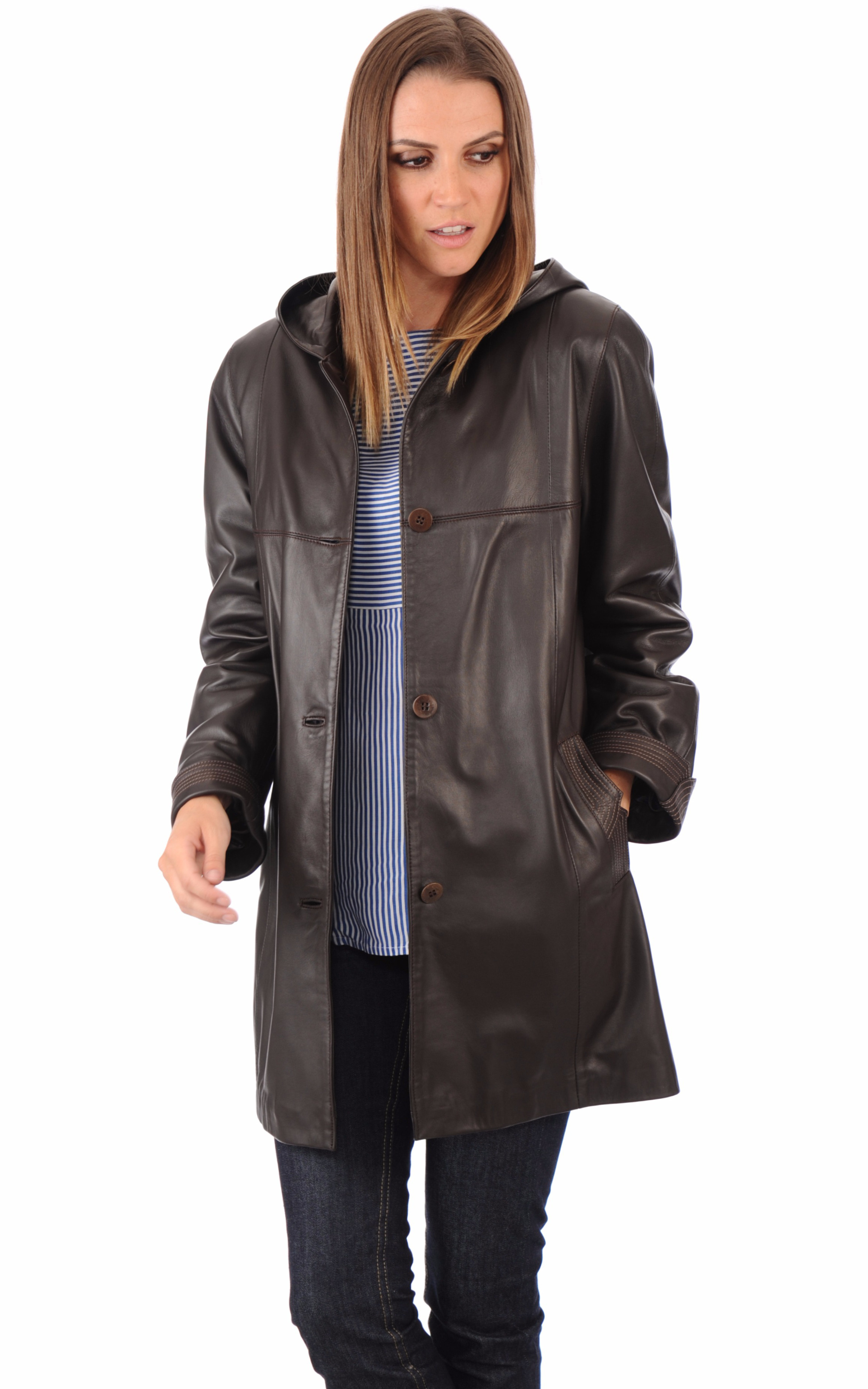 Veste Capuche Confort Cuir Marron La Canadienne La Canadienne
